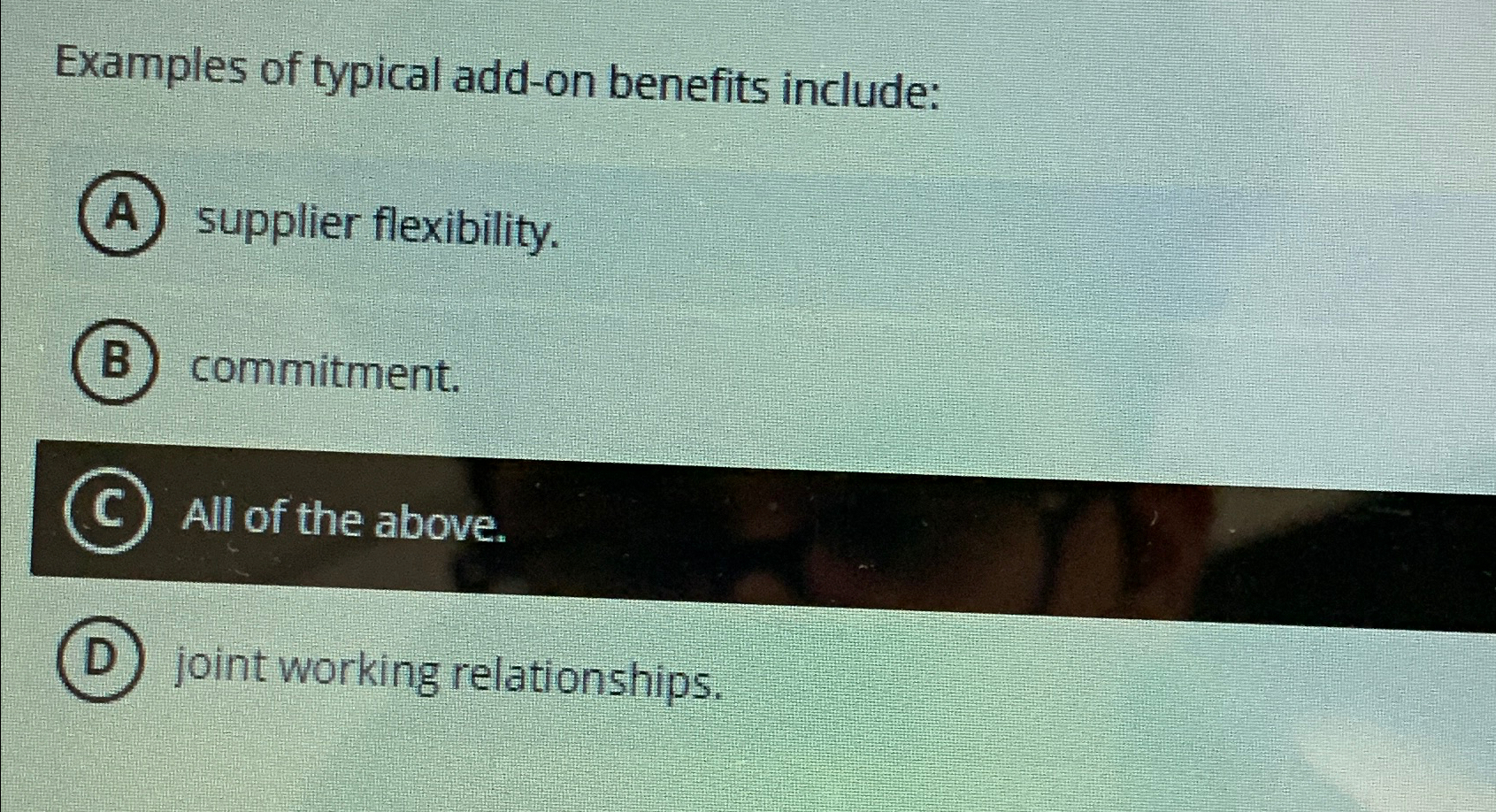 Solved Examples of typical add-on benefits include:supplier | Chegg.com