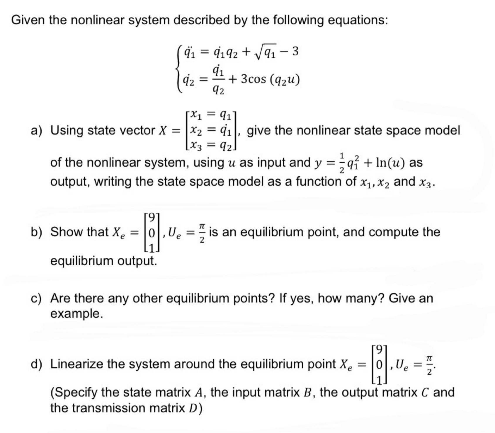 Solved Given the nonlinear system described by the following | Chegg.com