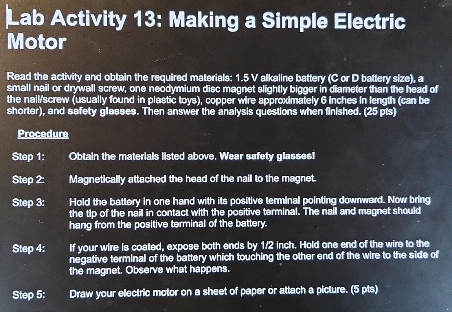Solved Lab Activity 13: Making a Simple Electric Motor Read | Chegg.com