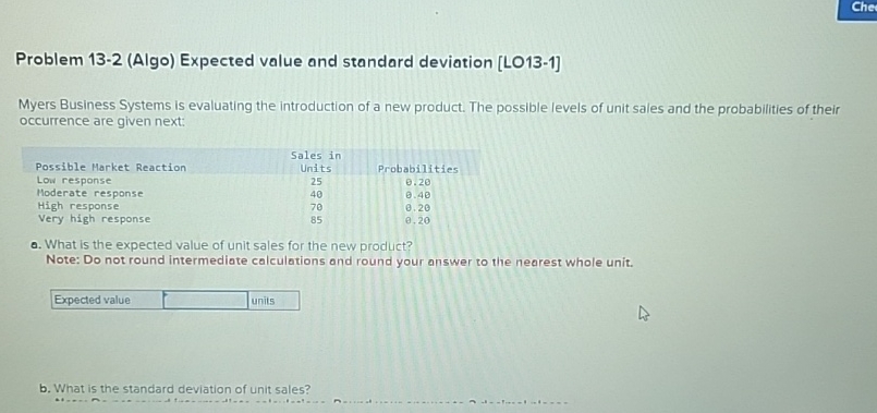 Solved Problem 13-2 (Algo) ﻿Expected value and standard | Chegg.com