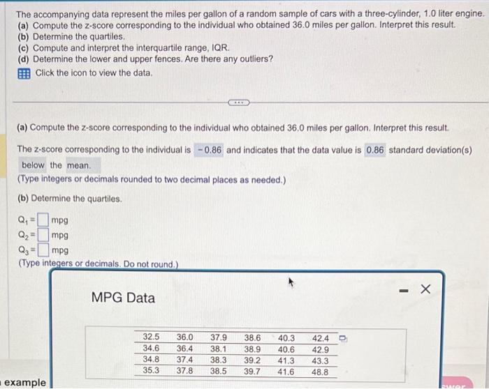 Solved The accompanying data represent the miles per gallon | Chegg.com