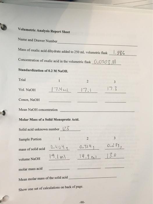 Volumetric Analysis Report Sheet Name and Drawer | Chegg.com