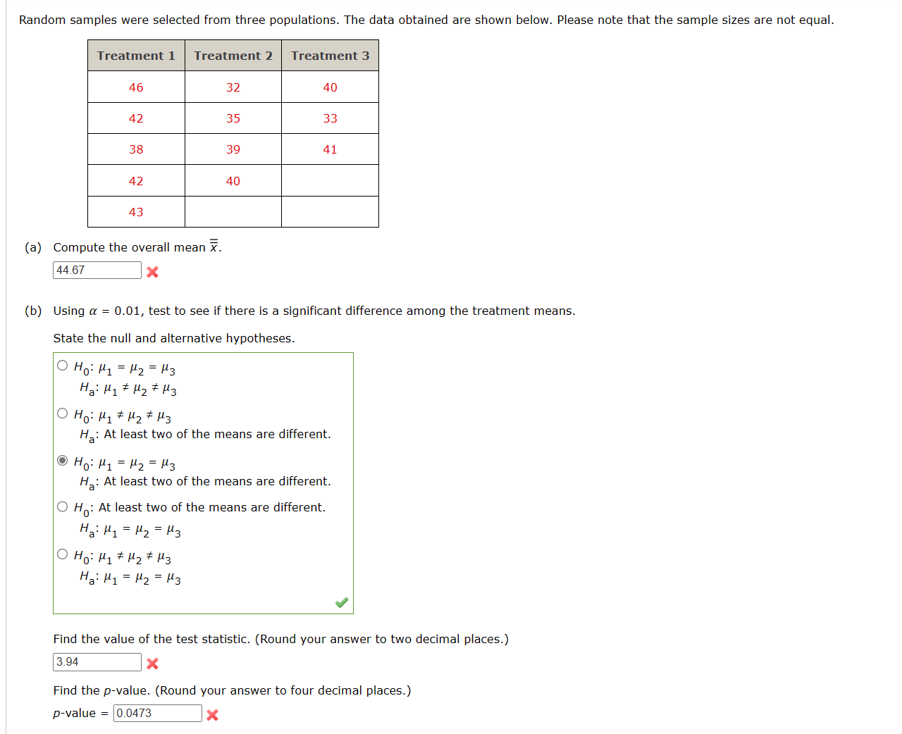 Solved Random samples were selected from three populations. | Chegg.com