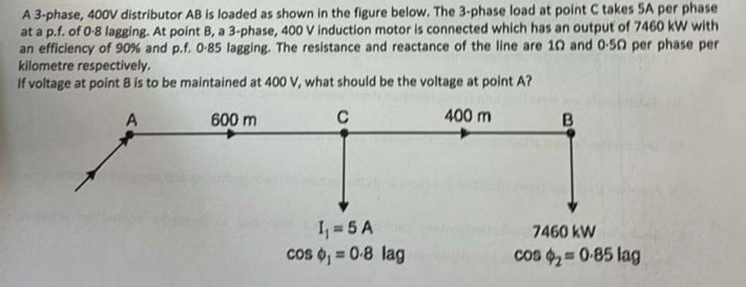 Solved A 3-phase, 400 ﻿V distributor AB ﻿is loaded as shown | Chegg.com