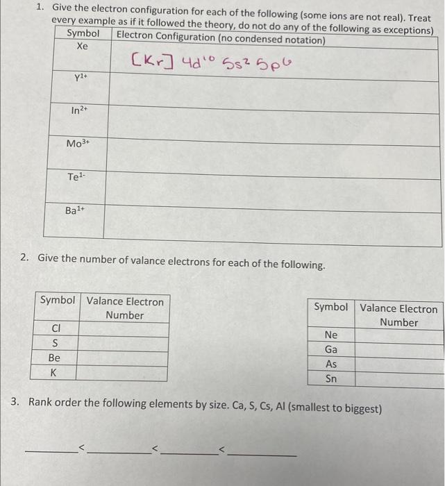Solved 1. Give the electron configuration for each of the | Chegg.com