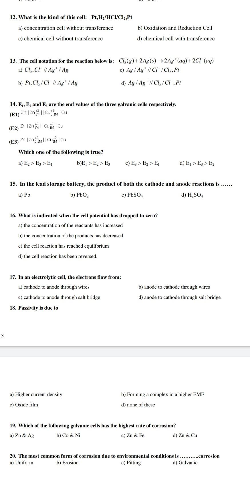 Solved 12. What is the kind of this cell: Pt,H/HCI/C12,Pt a) | Chegg.com