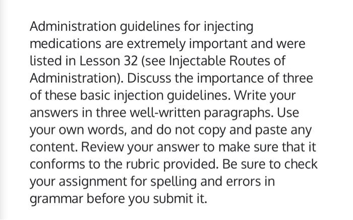 Solved Administration guidelines for injecting medications | Chegg.com