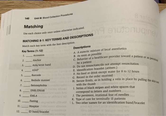 Solved 140 Unit M: Blood Collection Procedures Matching | Chegg.com Solved 140 Unit M: Blood Collection Procedures Matching | Chegg.com