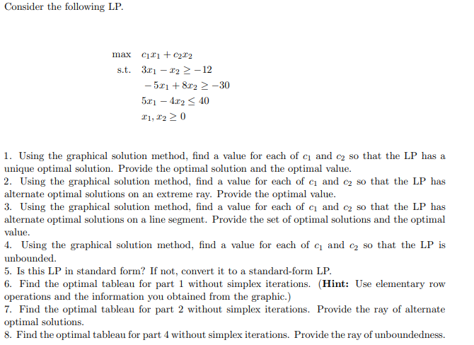 Solved Consider the following LP.maxc1x1+c2x2 | Chegg.com