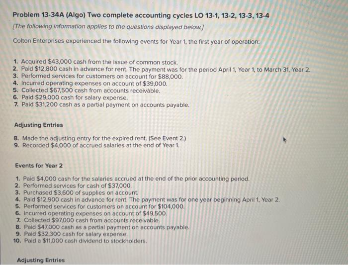 Solved Problem 13-34A (Algo) Two complete accounting cycles | Chegg.com