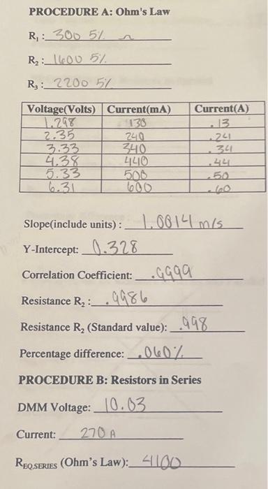 PROCEDURE A: Ohm's Law R1:3005%R2:16005%R3:22005% | Chegg.com
