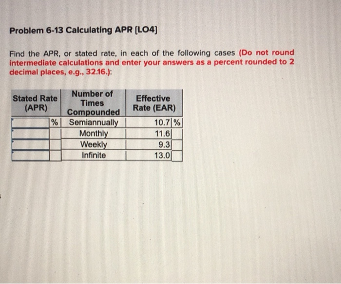 Solved Problem 6-13 Calculating APR (L04] Find the APR, or | Chegg.com