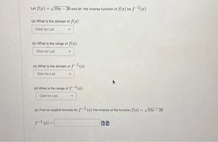 Solved Let f(x)=10x−26 and let the inverse function of f(x) | Chegg.com