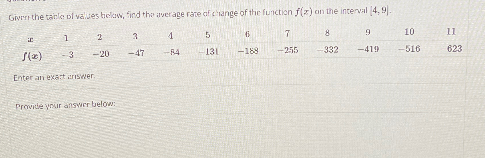 Solved Given the table of values below, find the average | Chegg.com