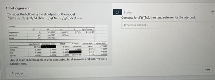 Solved Excel Regression Consider the following Excel output | Chegg.com