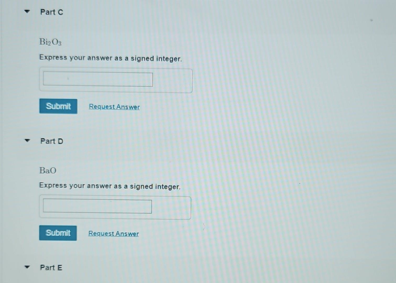 Solved Bi2O3 Express your answer as a signed integer. Part D | Chegg.com