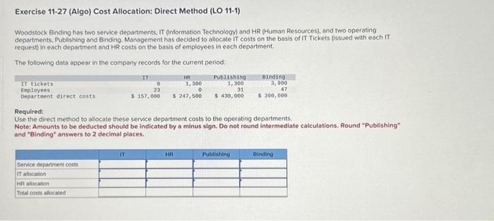 Solved Exercise 11-27 (Algo) Cost Allocation: Direct Method | Chegg.com