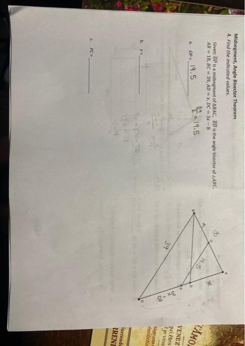 Solved Midsegment, Angle Bisector Theorem 4. Find the | Chegg.com