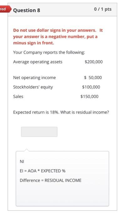 Solved red Question 8 0/1 pts Do not use dollar signs in | Chegg.com