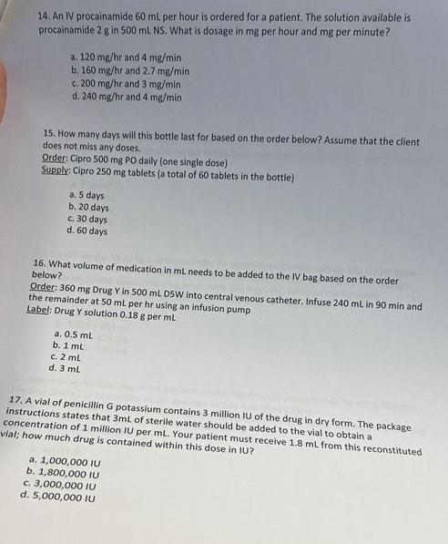 Solved 14. An IV procainamide \\( 60 \\mathrm{~mL} \\) per | Chegg.com