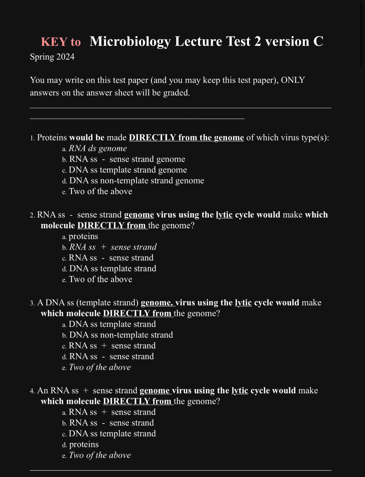 Solved KEY to Microbiology Lecture Test 2 ﻿version C Spring | Chegg.com