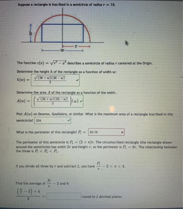 Solved Suppose a rectangle is inscribed in a semicircle of | Chegg.com