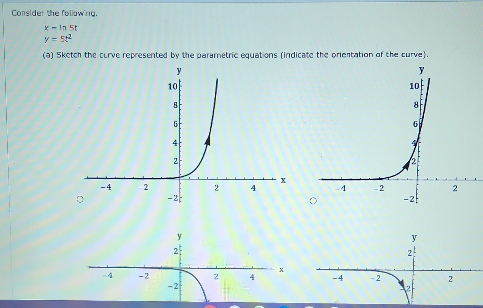 Solved Consider the following. x=ln5ty=5t2 (a) Sketch the | Chegg.com