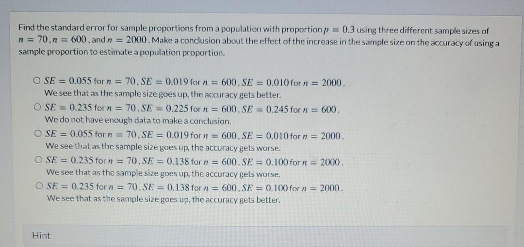 Solved Find the standard error for sample proportions from a | Chegg.com