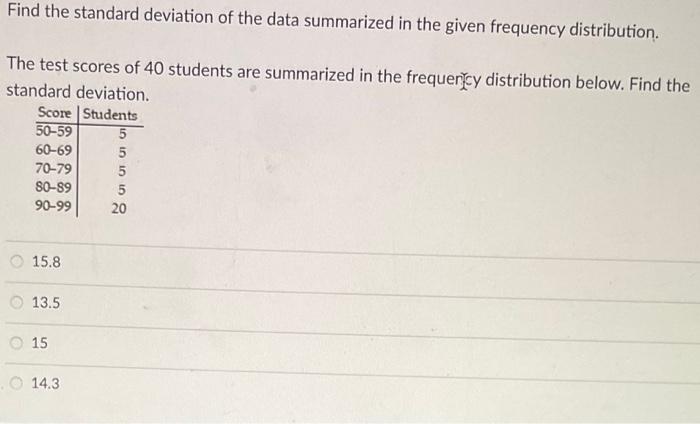 Solved Find the standard deviation of the data summarized in | Chegg.com