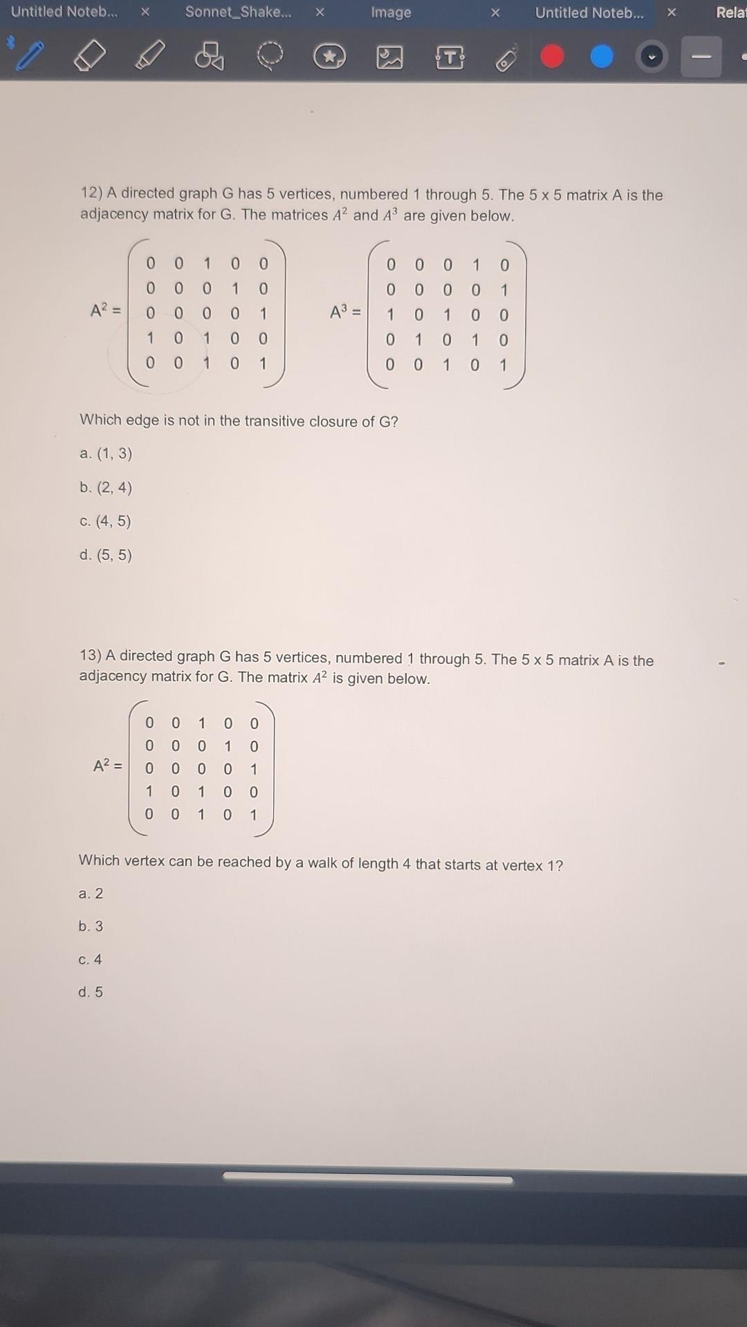 Solved 12) A directed graph G has 5 vertices, numbered 1 | Chegg.com