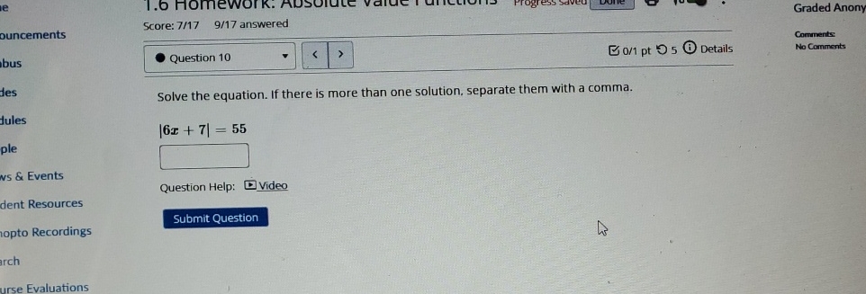 Solved score: 7/17 9/17 ﻿answeredGraded Anony( 01 ﻿pt | Chegg.com