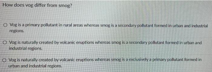 Solved How does vog differ from smog? ovog is a primary | Chegg.com