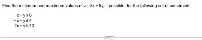 Solved Find the minimum and maximum values of z=8x+5y, if | Chegg.com