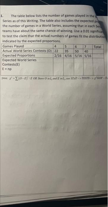 Solved 1. The table below lists the number of games played | Chegg.com