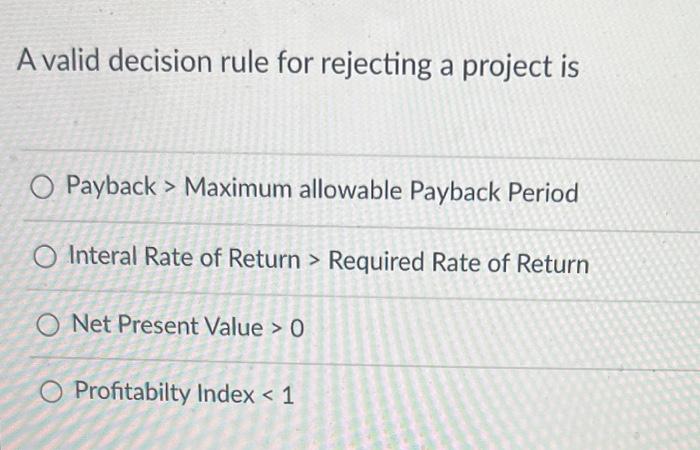 Solved A valid decision rule for rejecting a project is | Chegg.com