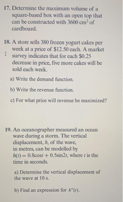 Solved 17. Determine the maximum volume of a square-based | Chegg.com