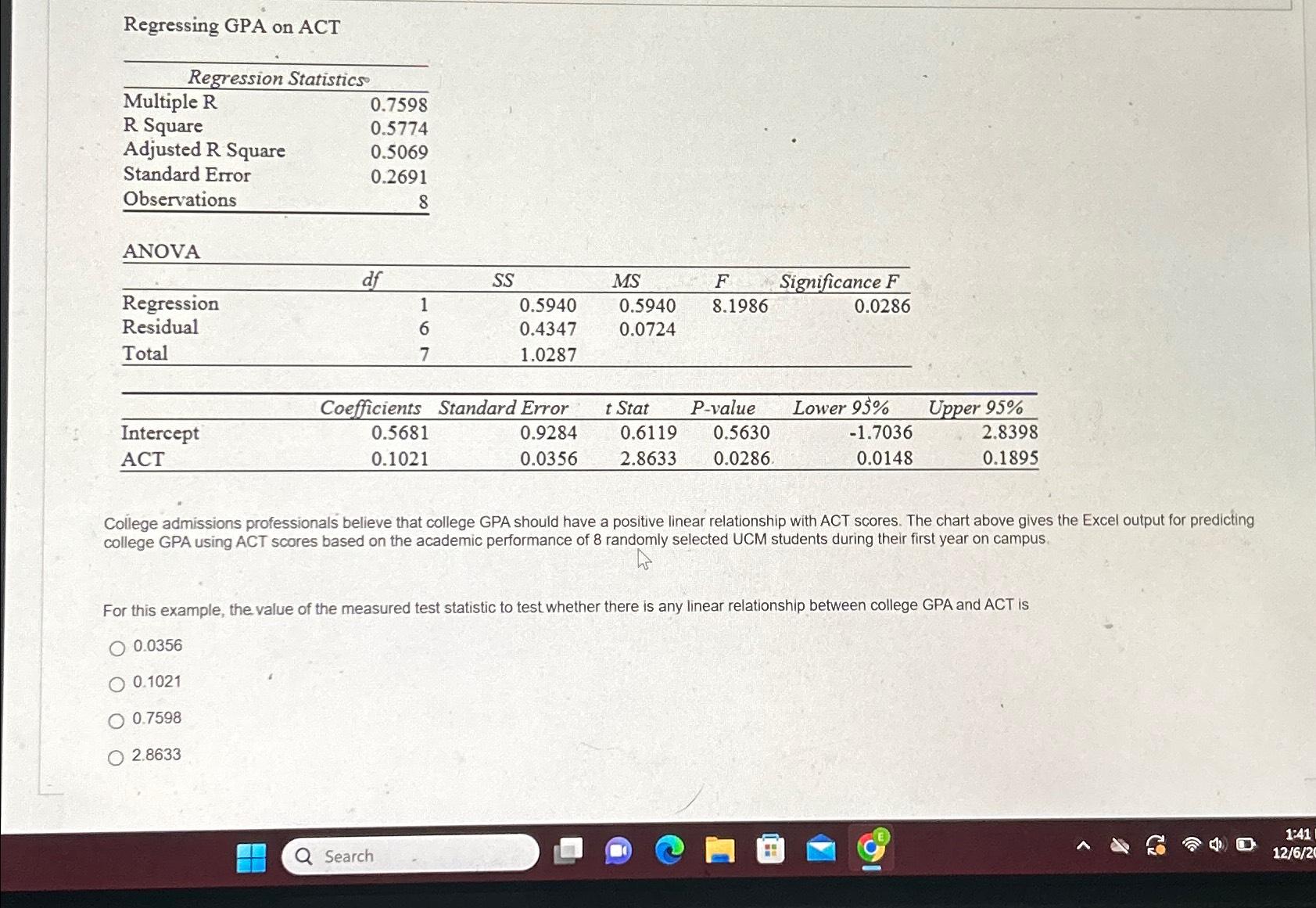Solved Regressing GPA on ACT\table[[Regression | Chegg.com