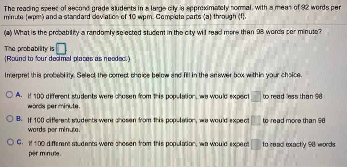 Solved The reading speed of second grade students in a large | Chegg.com
