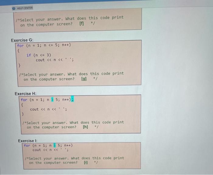 Solved For each exercise A to I, what is printed on the | Chegg.com