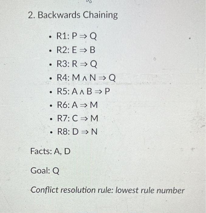 Solved 2. Backwards Chaining - R1:P⇒Q - R2:E⇒B - R3:R⇒Q - | Chegg.com