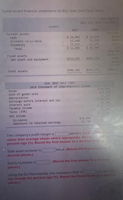 Some recent financial statements for Earl Grey Golf | Chegg.com