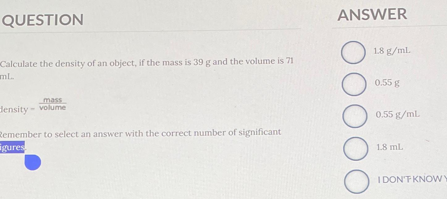 Solved QUESTION\\nANSWER\\nCalculate the density of an | Chegg.com
