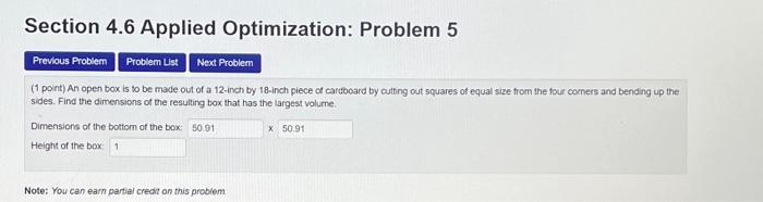 Solved Section 4.6 Applied Optimization: Problem 5 (1 point) | Chegg.com