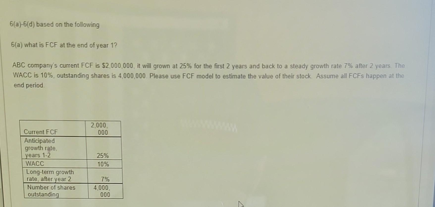 Solved 6(a)−6(d) based on the following 6(a) what is FCF at | Chegg.com