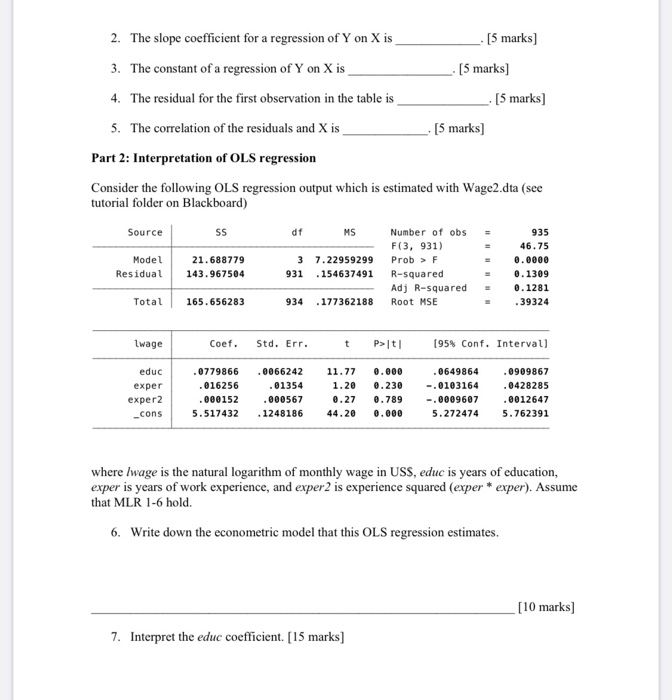 Solved Part 1: OLS basics Consider the data in the table | Chegg.com