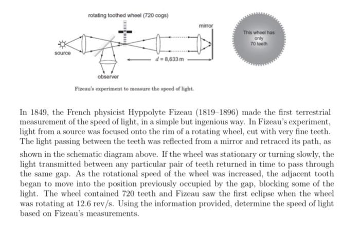 Solved In 1849, the French physicist Hyppolyte Fizeau | Chegg.com