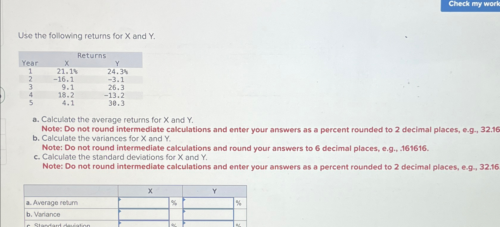 Solved Check my workUse the following returns for x ﻿and | Chegg.com