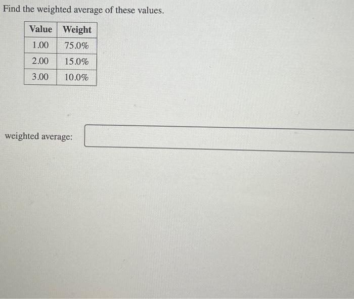 Solved Find the weighted average of these values. weighted | Chegg.com