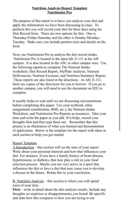 Nutrition Analysis Report Template Nutritionist Pro | Chegg.com