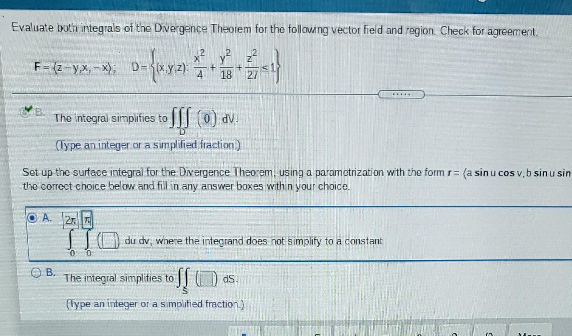 Evaluate both integrals of the Divergence Theorem for | Chegg.com
